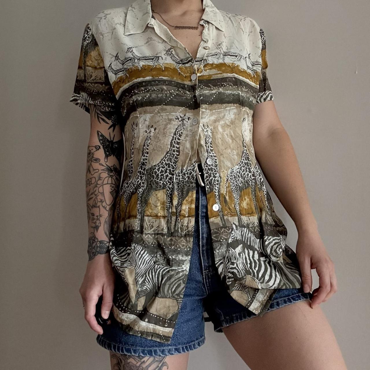 vintage 90s wild animal print button up shirt 100%... | Depop