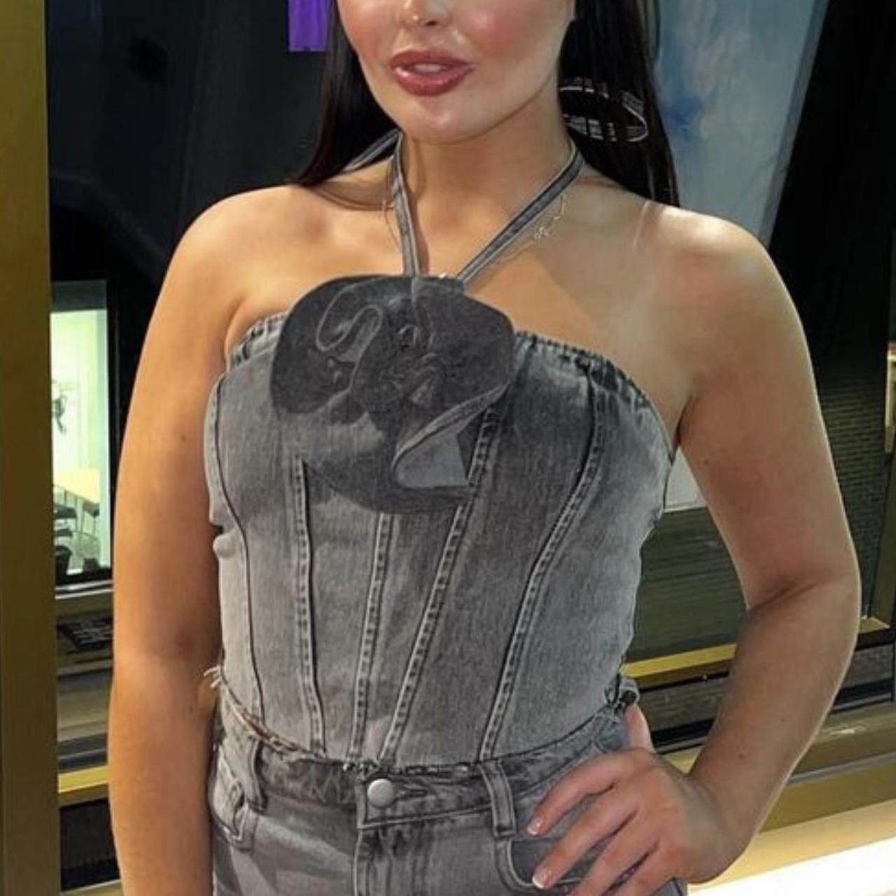 boohoo denim co ord size 10 top size 8 skirt worn once - Depop