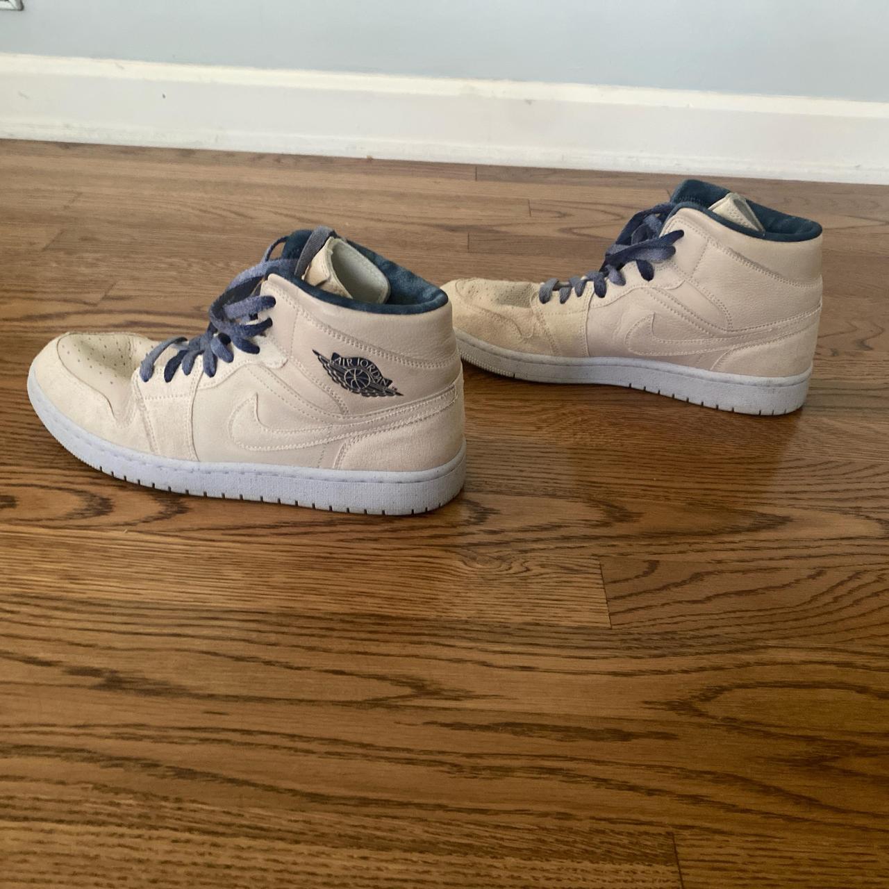cream and blue air jordans - Depop