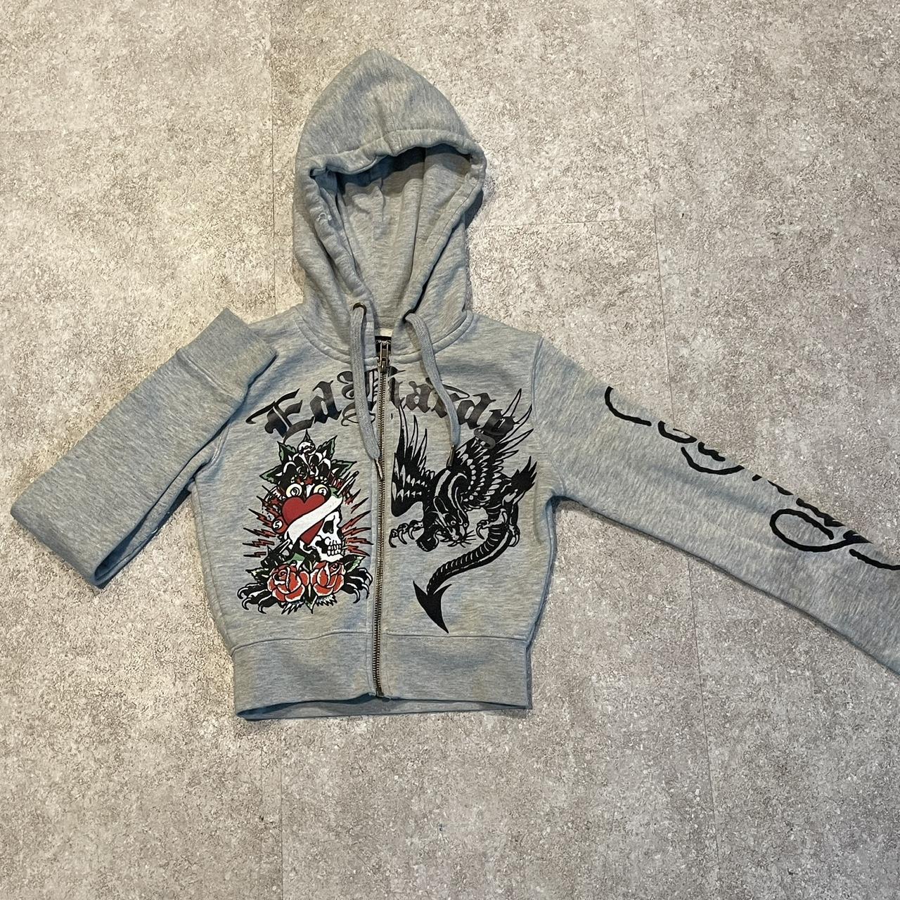 Grey Ed Hardy zip-up hoodie #y2kfashion #streetwear... | Depop