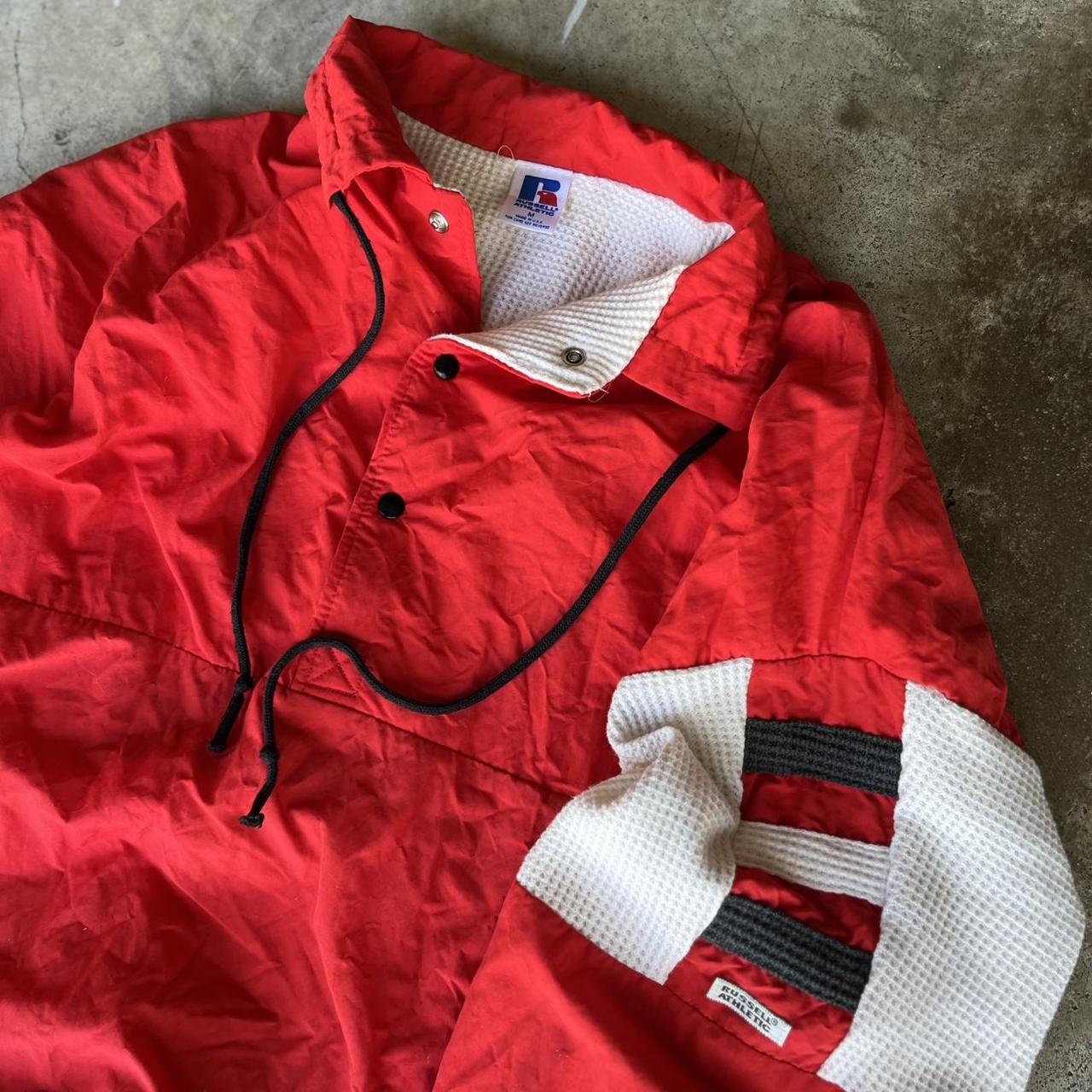 Red and white vintage 80s Russel windbreaker jacket... | Depop