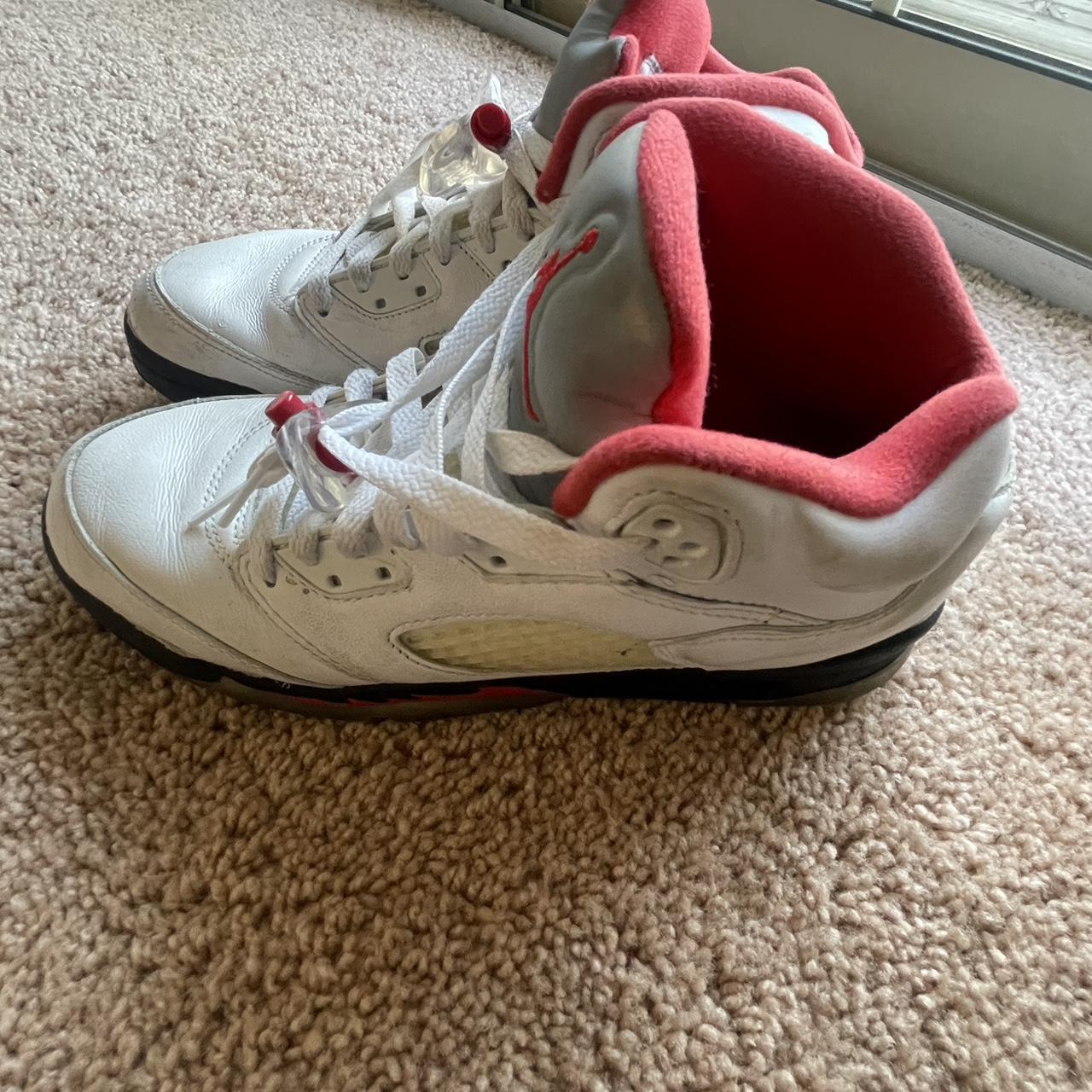 Fire red jordan 5s Red/white/metallic silver Size... - Depop