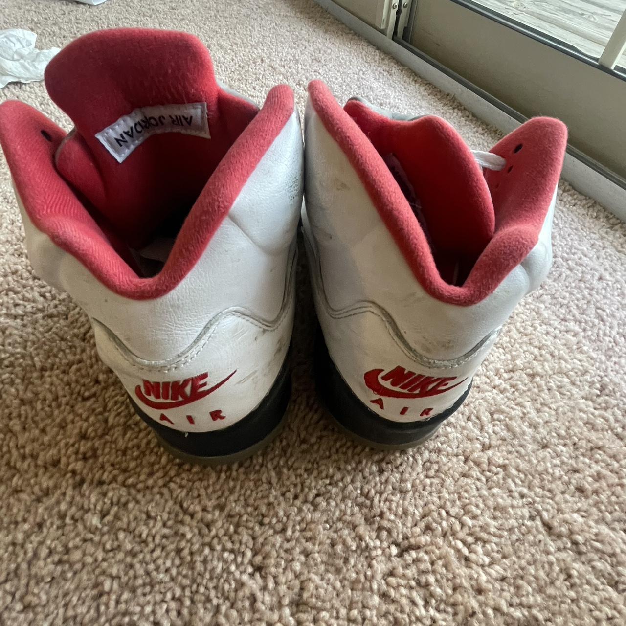 Fire red jordan 5s Red/white/metallic silver Size... - Depop