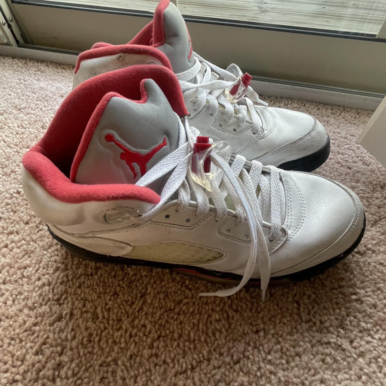 Fire red jordan 5s Red/white/metallic silver Size... - Depop