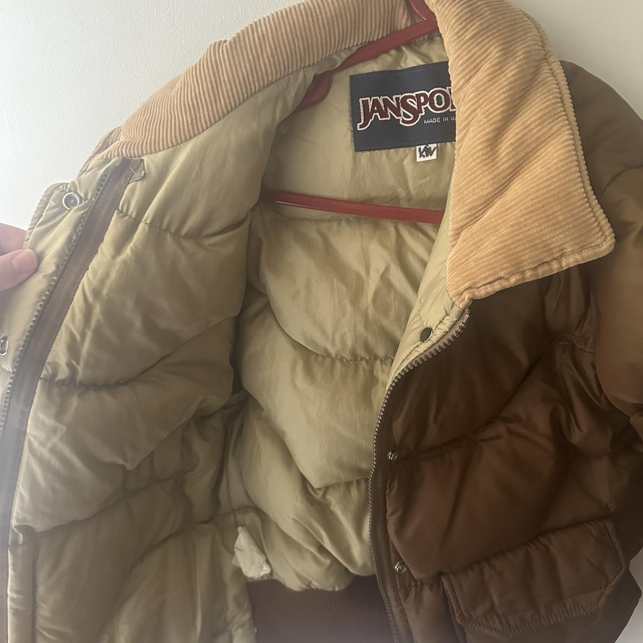 Jansport brown puffer jacket with corduroy collar... - Depop
