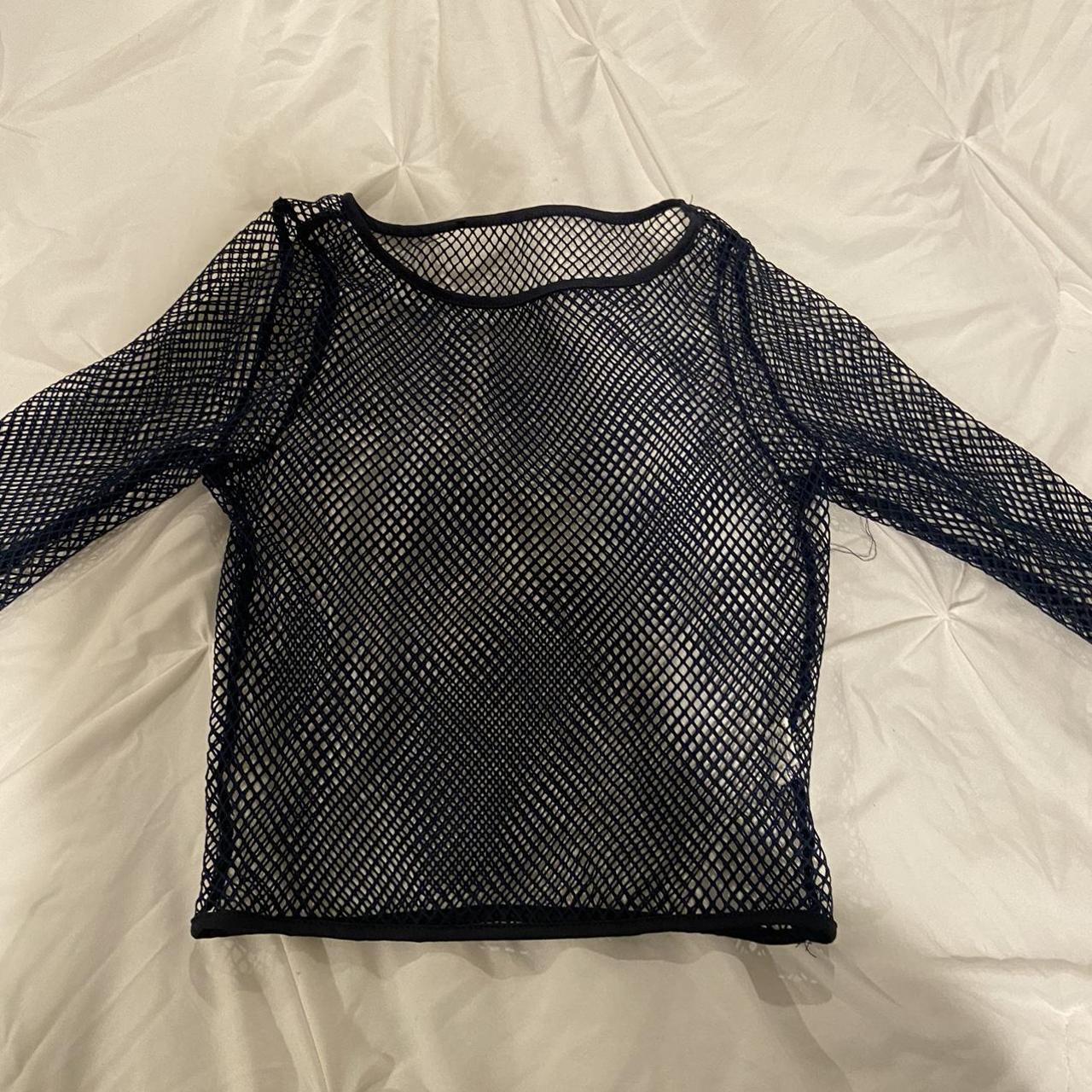 navy blue long sleeve fishnet top - size small - Depop