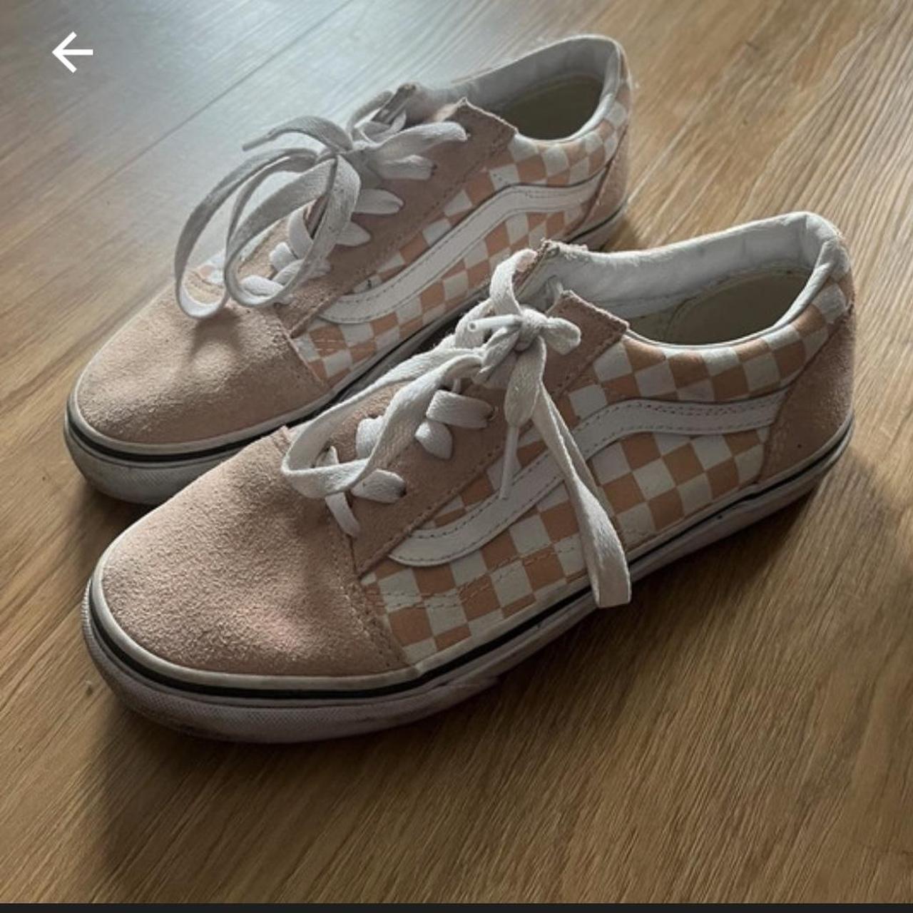 pink checkered vans good quality barley worn size 4 - Depop