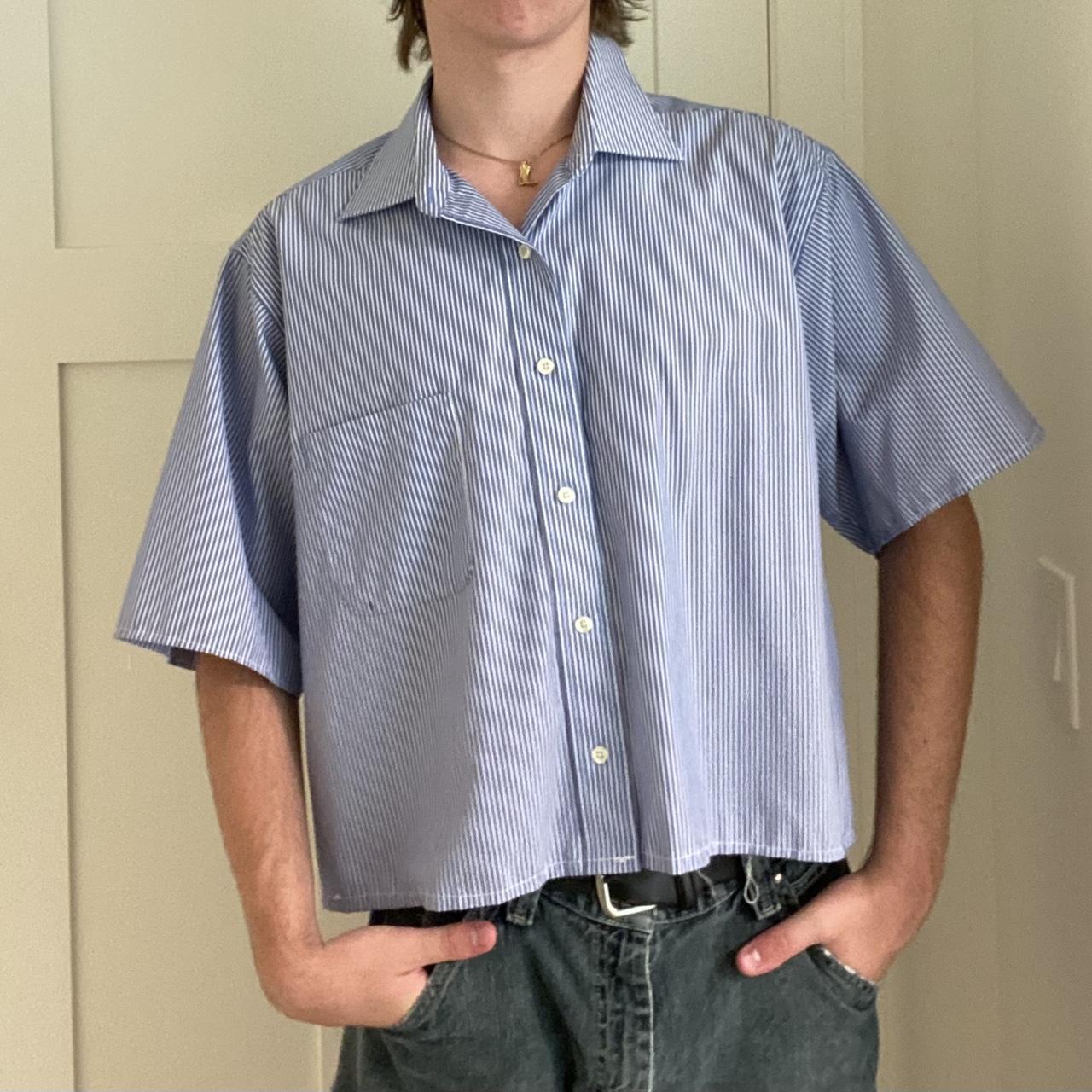 Vintage reworked cropped men’s button up shirt with... - Depop