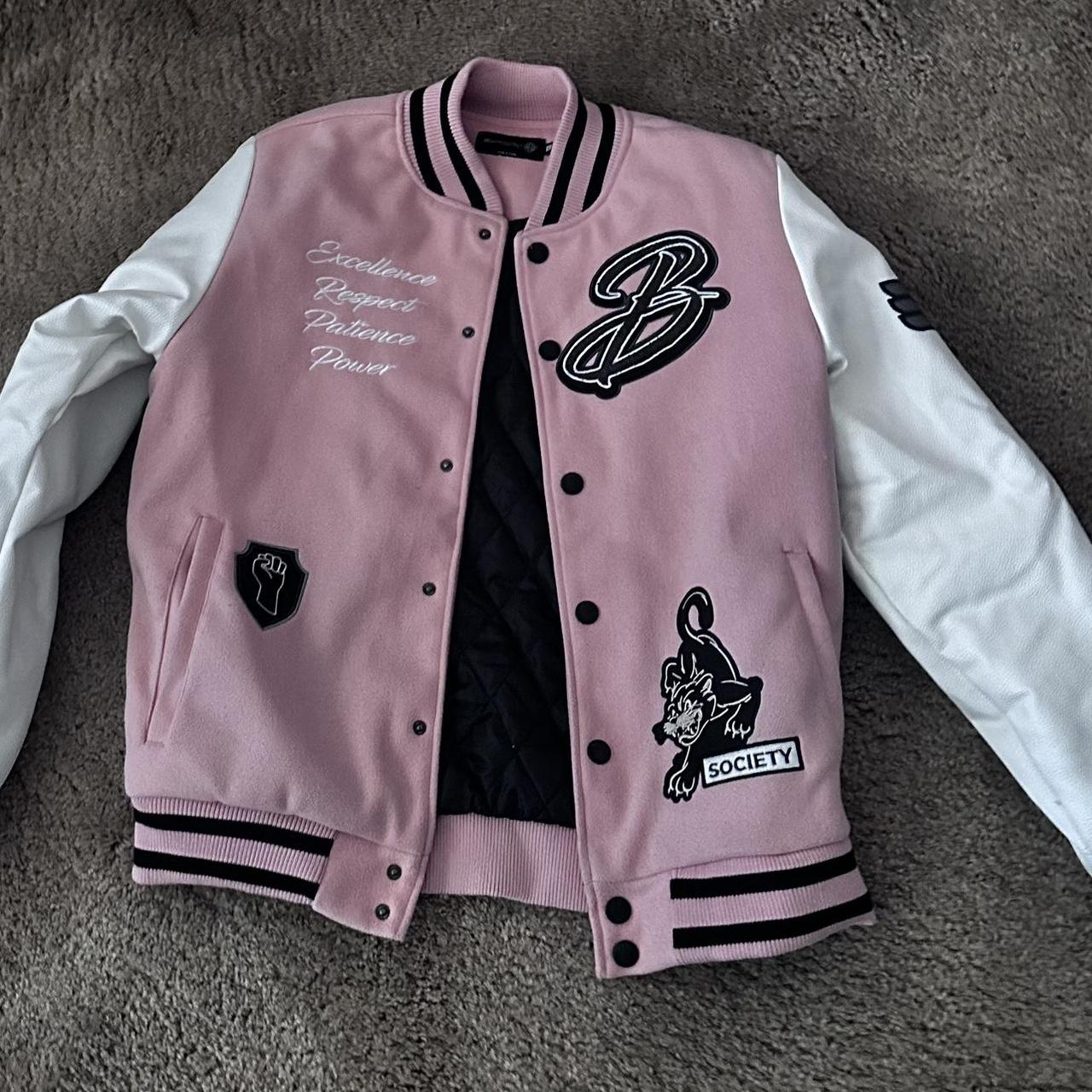 pink varsity jacket size L true to... - Depop