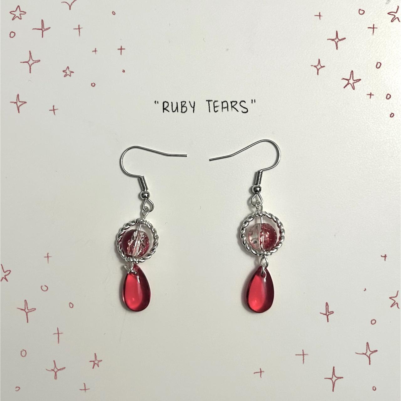 "ruby tears" earrings 𝙢𝙖𝙙𝙚 𝙬𝙞𝙩𝙝- 𝙘𝙞𝙧𝙘𝙡𝙚 𝙛𝙧𝙖𝙢𝙚, 𝙧𝙚𝙙... - Depop