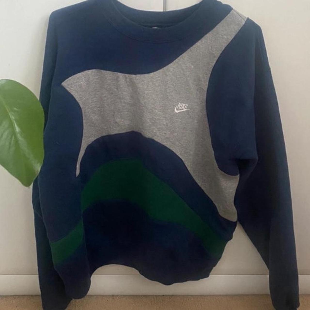 REWORKED NIKE navy, grey and green jumper / crew... - Depop