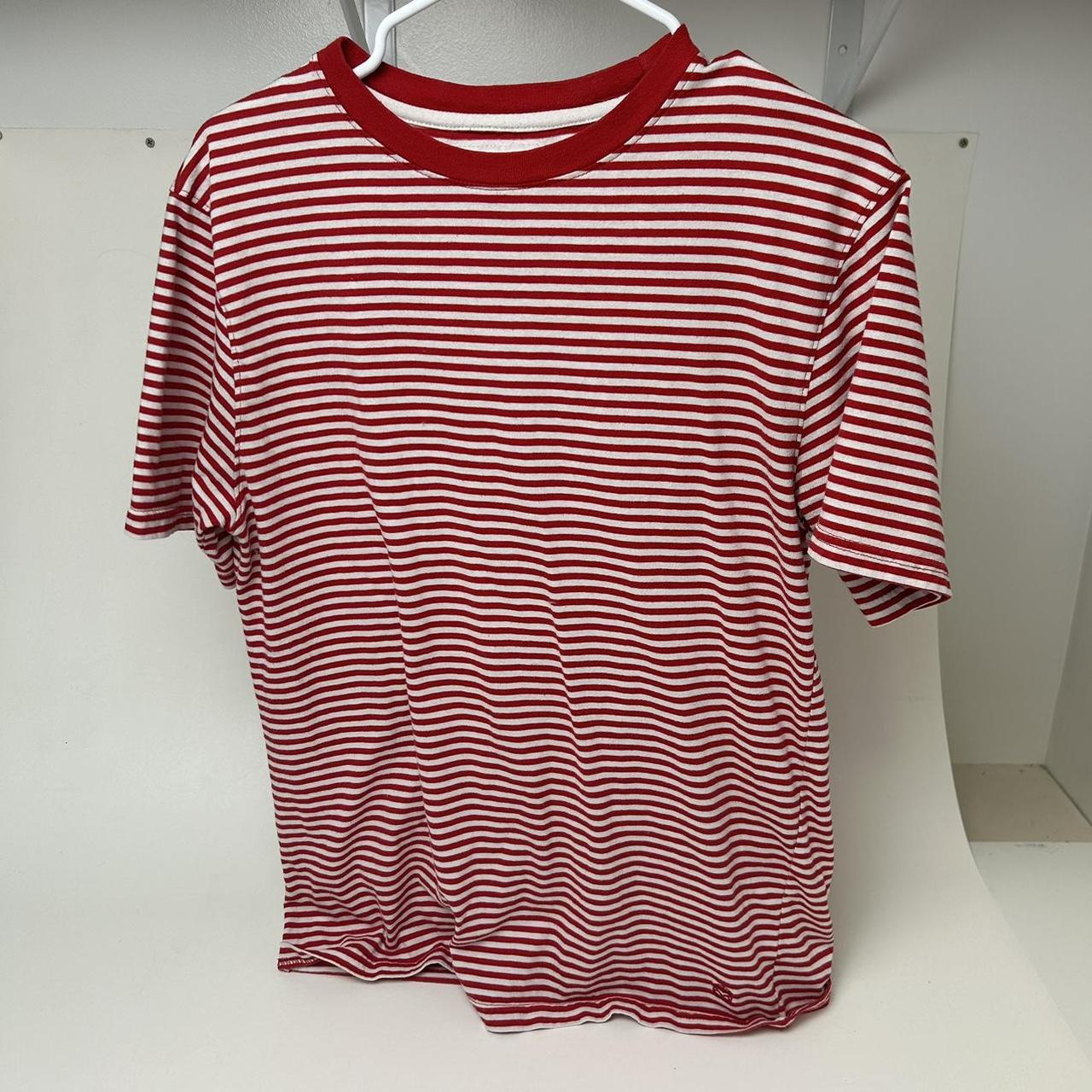 Medium, zine, red and white striped tee! - Depop