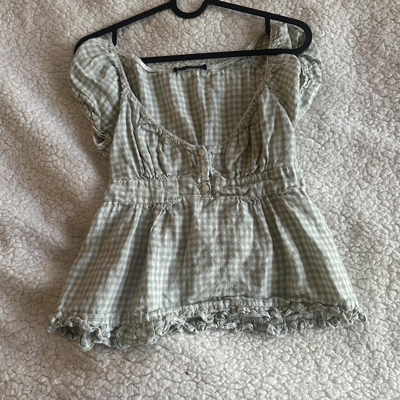 💚 Brandy Melville Green Gingham Ruffle Peplum Top... | Depop