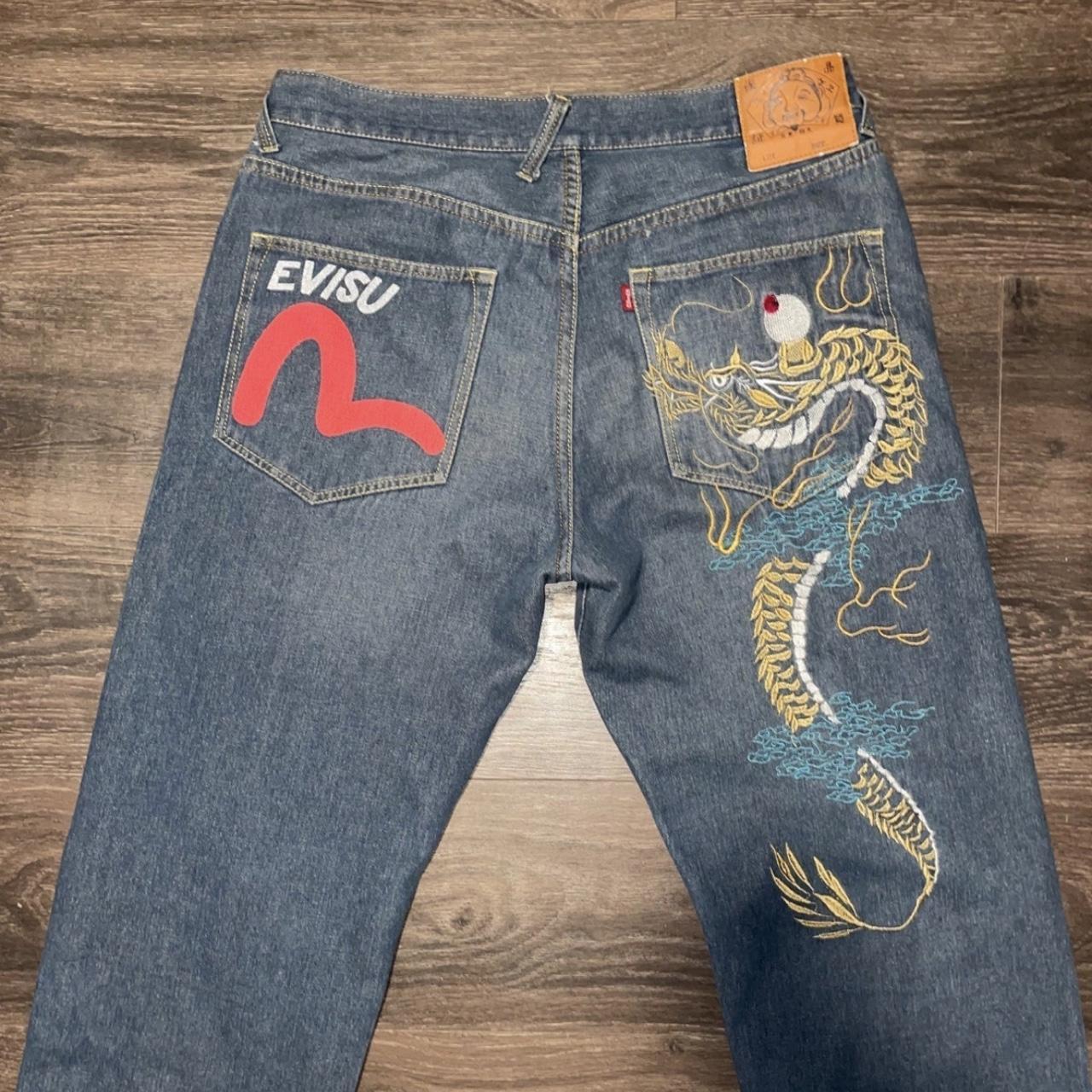 EVISU RARE DRAGON EMBROIDERED JEANS SIZE 38 inseam... - Depop