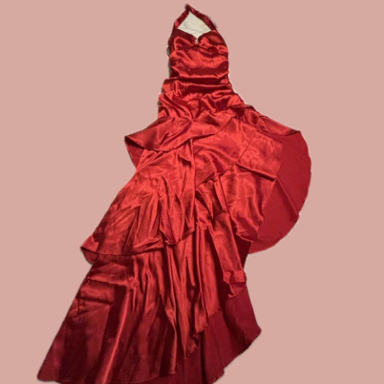 Red satin halter dress with a zipper in the... - Depop