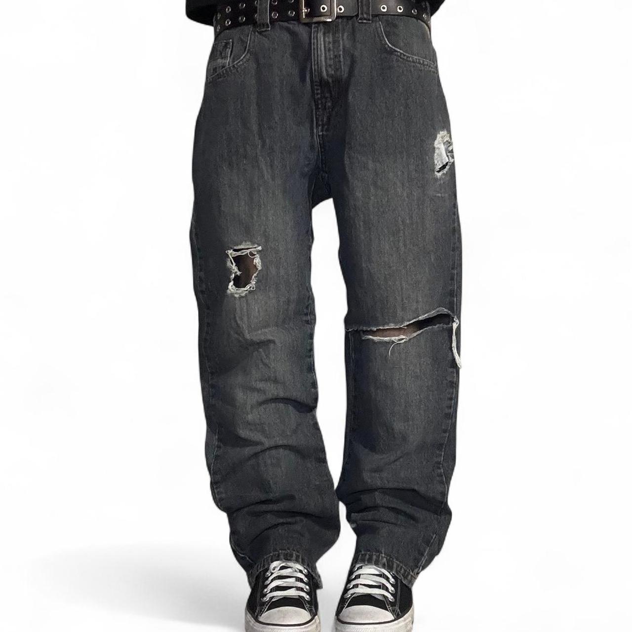 vintage loose stacked ripped denim jeans loose... | Depop