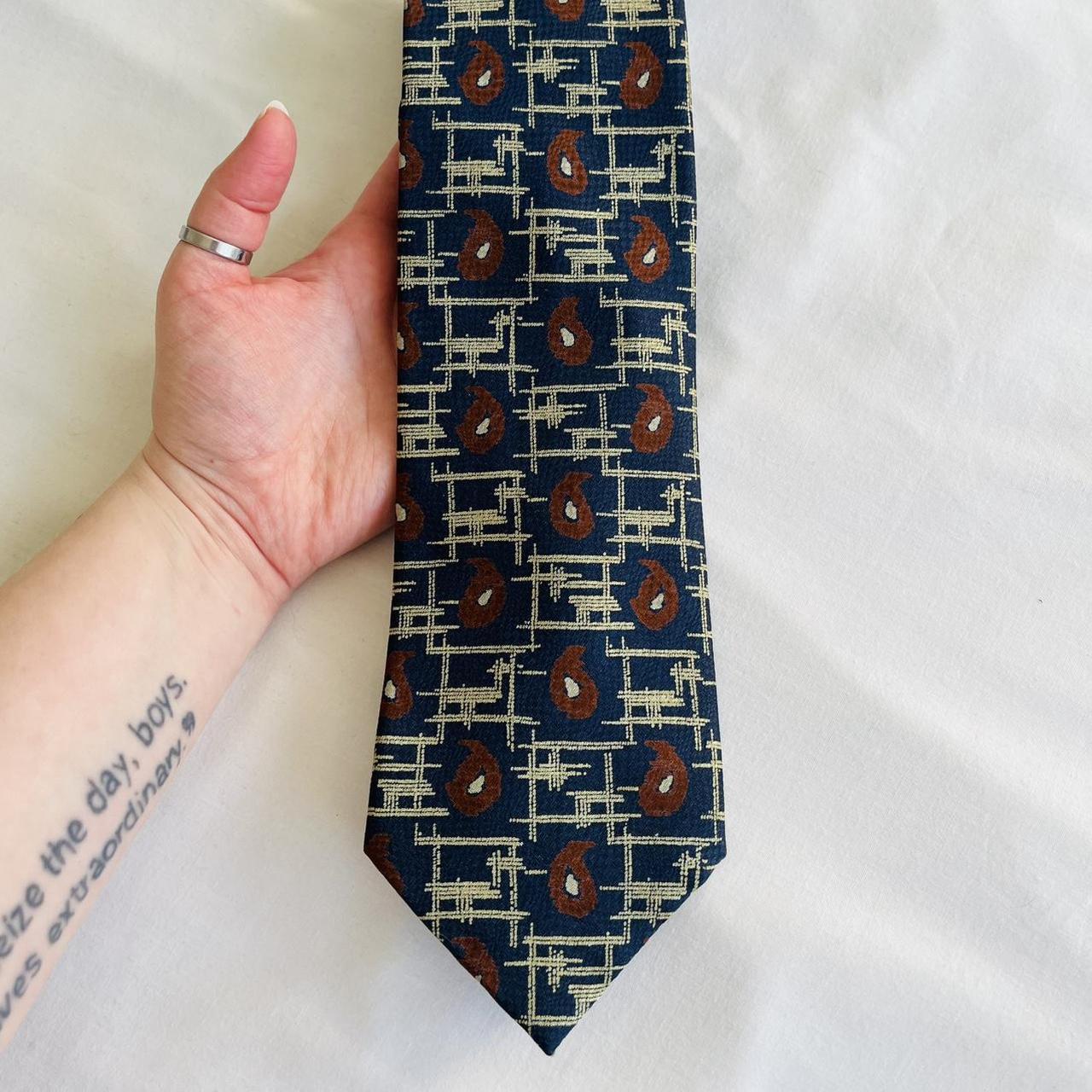 Vintage 80s St Michael Neck Tie 100% Silk Navy Gold... | Depop