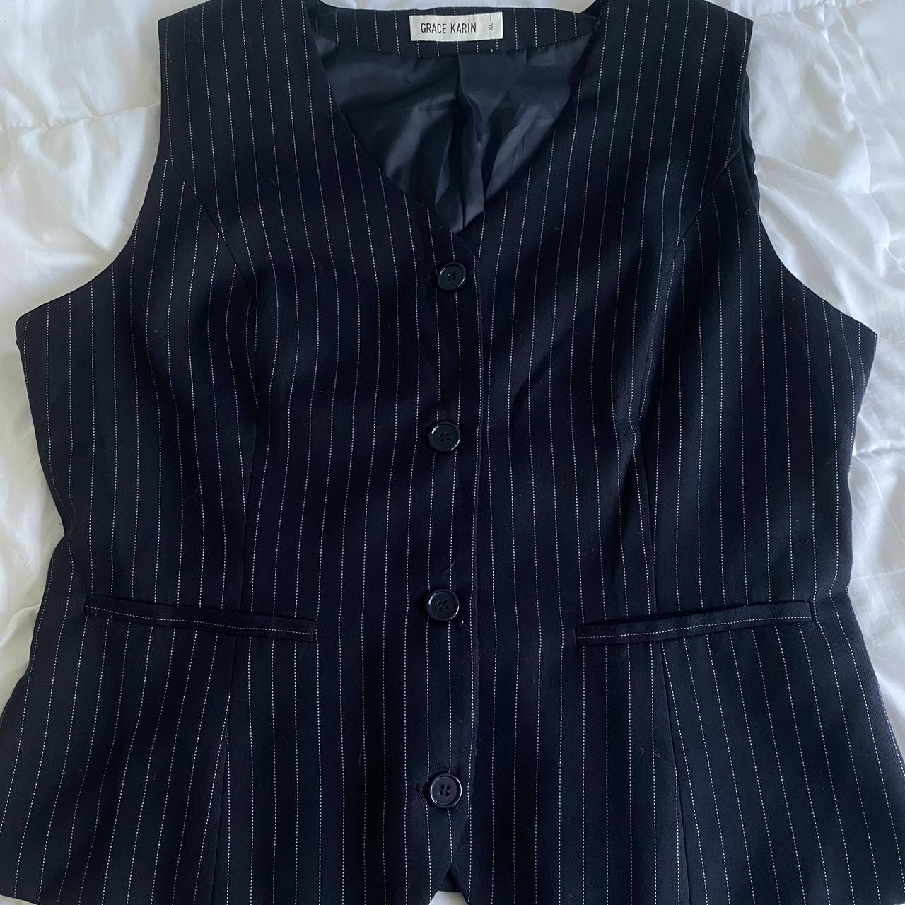 Navy and white pinstripe vest. #retro #office siren - Depop