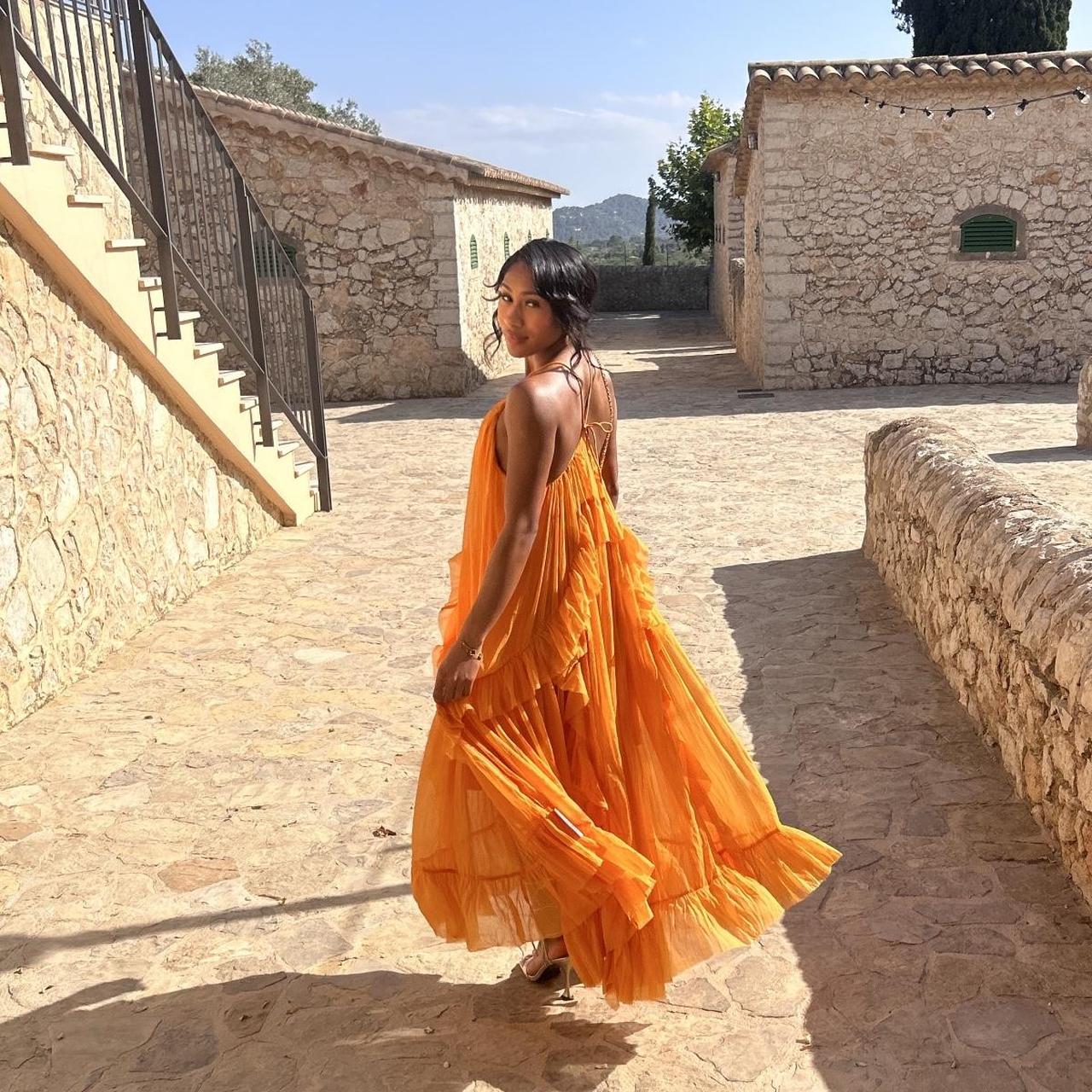Orange flowy summer dress worn once for a wedding... - Depop
