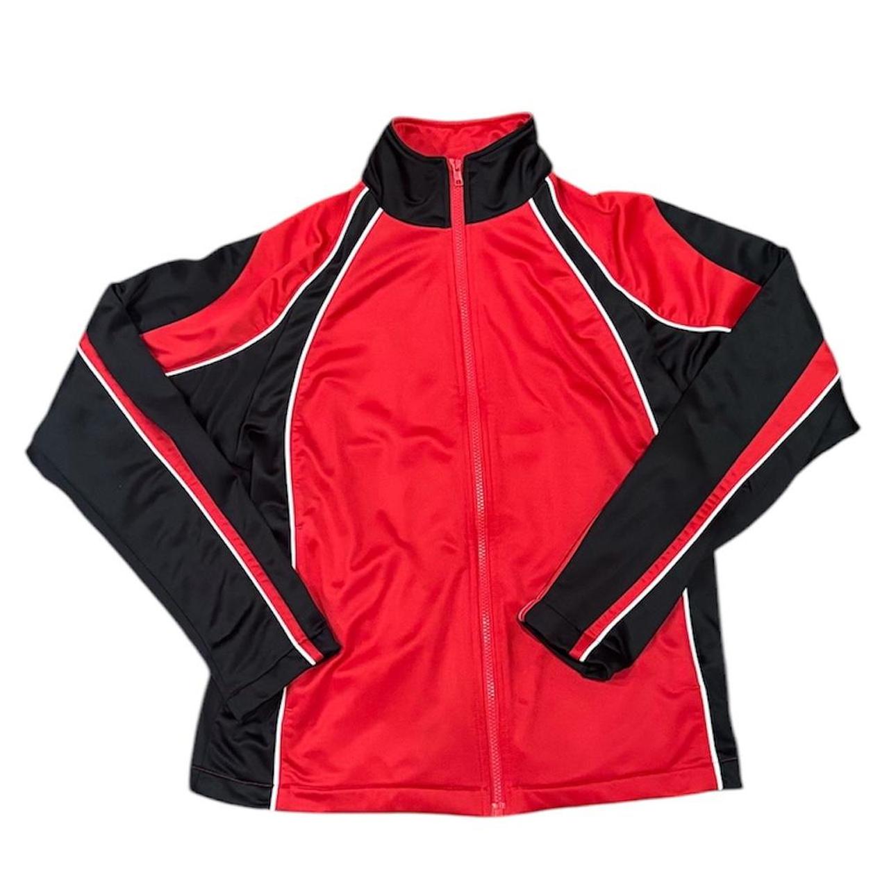 red racing style zip up jacket with white and black... - Depop