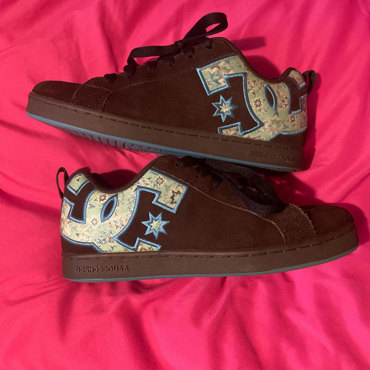 brown and teal holographic DC shoes Size:10 They... | Depop