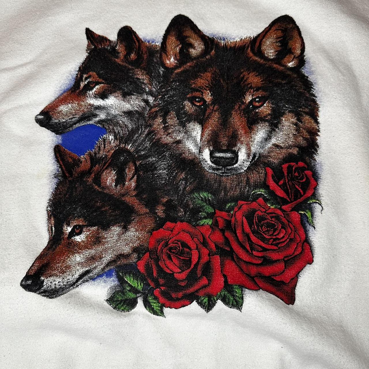 Wolf With Roses Y2K Sweatshirt Sz 2X Unisex Check... - Depop
