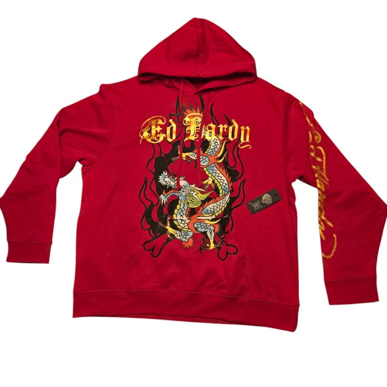 Red Ed Hardy Hoodie With Gold Dragon Size XXL New... | Depop