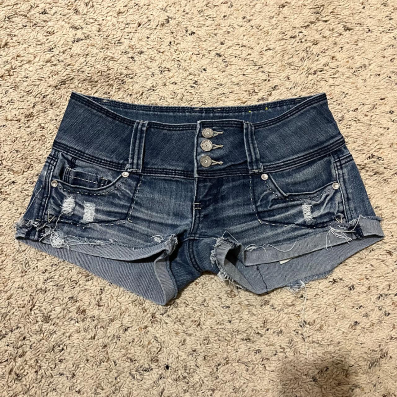 denim low rise mini shorts embroidery on the back... - Depop