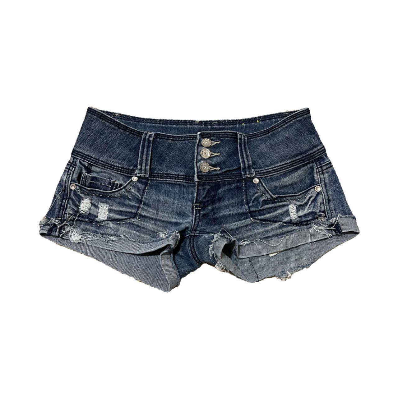 denim low rise mini shorts embroidery on the back... - Depop