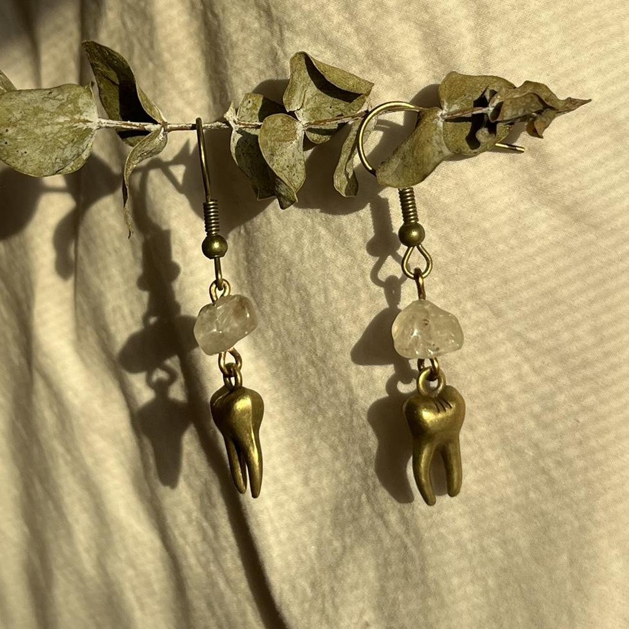 Bronze tooth earrings with quartz 🦷 Handmade &... - Depop