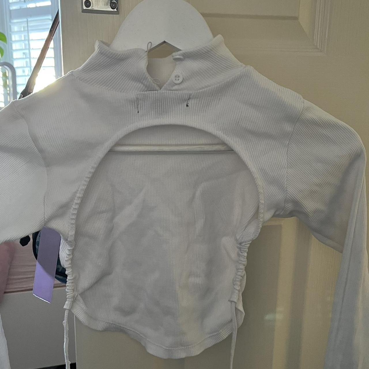 White ribbed high neck long sleeve open and tie up... - Depop