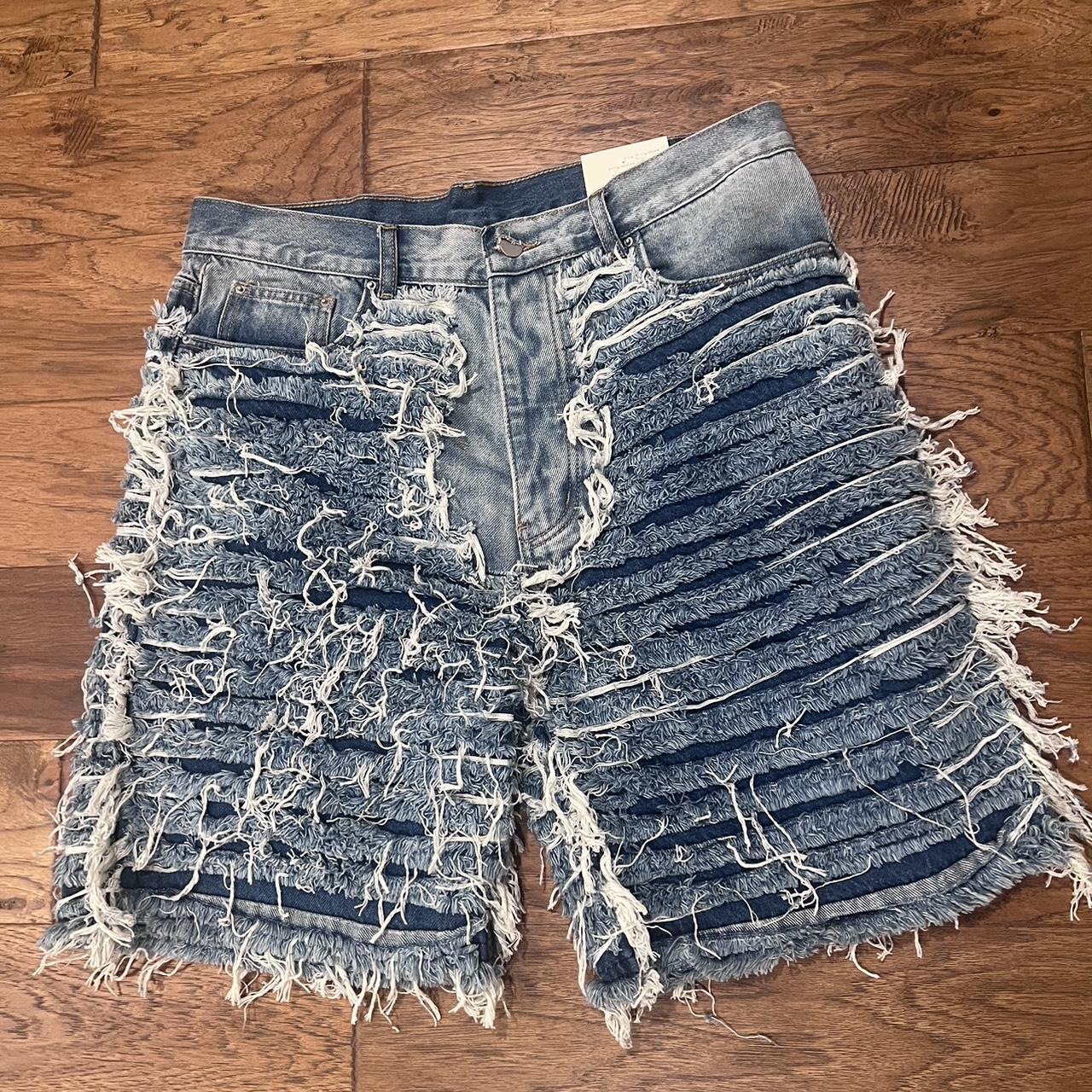 MNML Allover frayed denim shorts - Depop