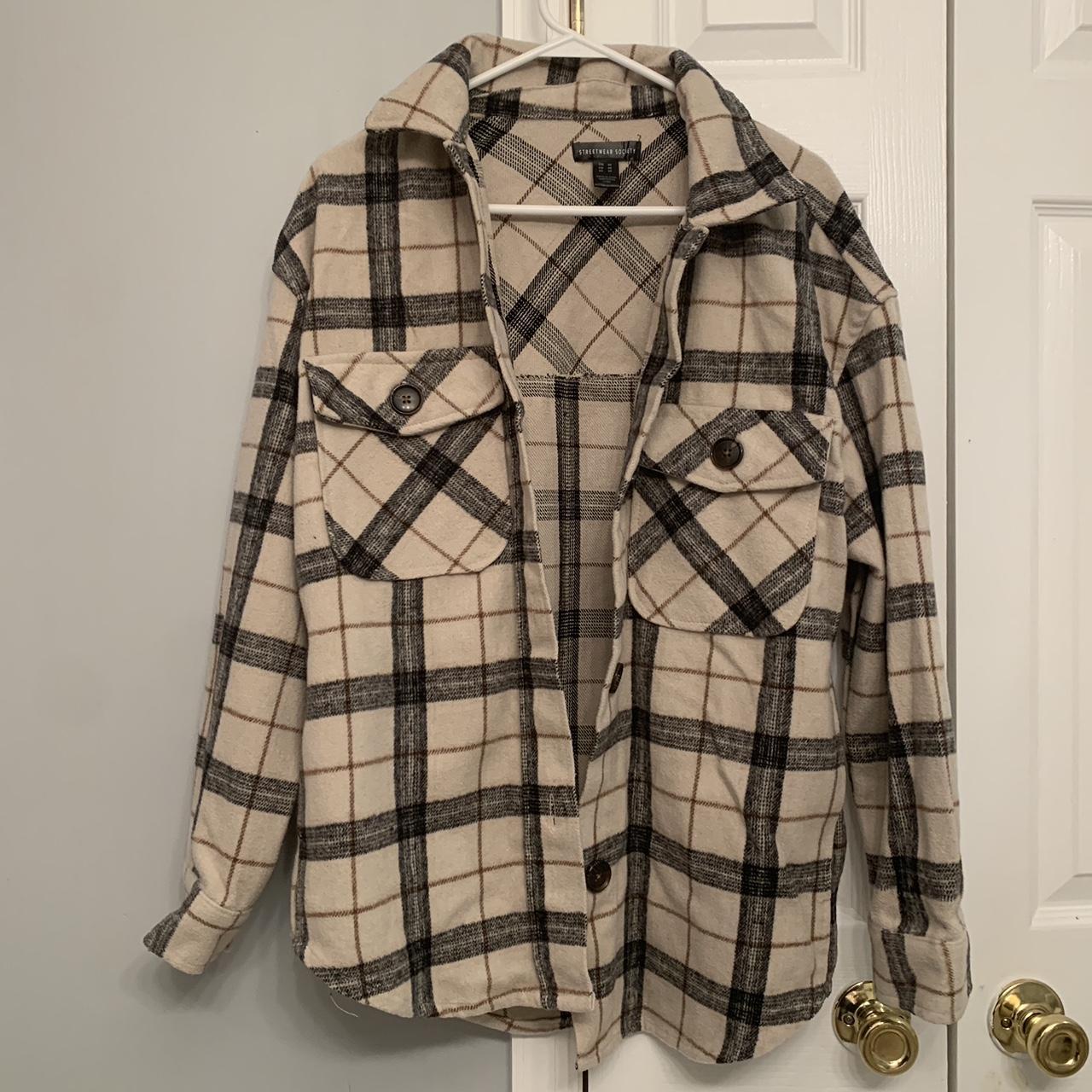 fall fleece plaid beige cream flannel button up... - Depop