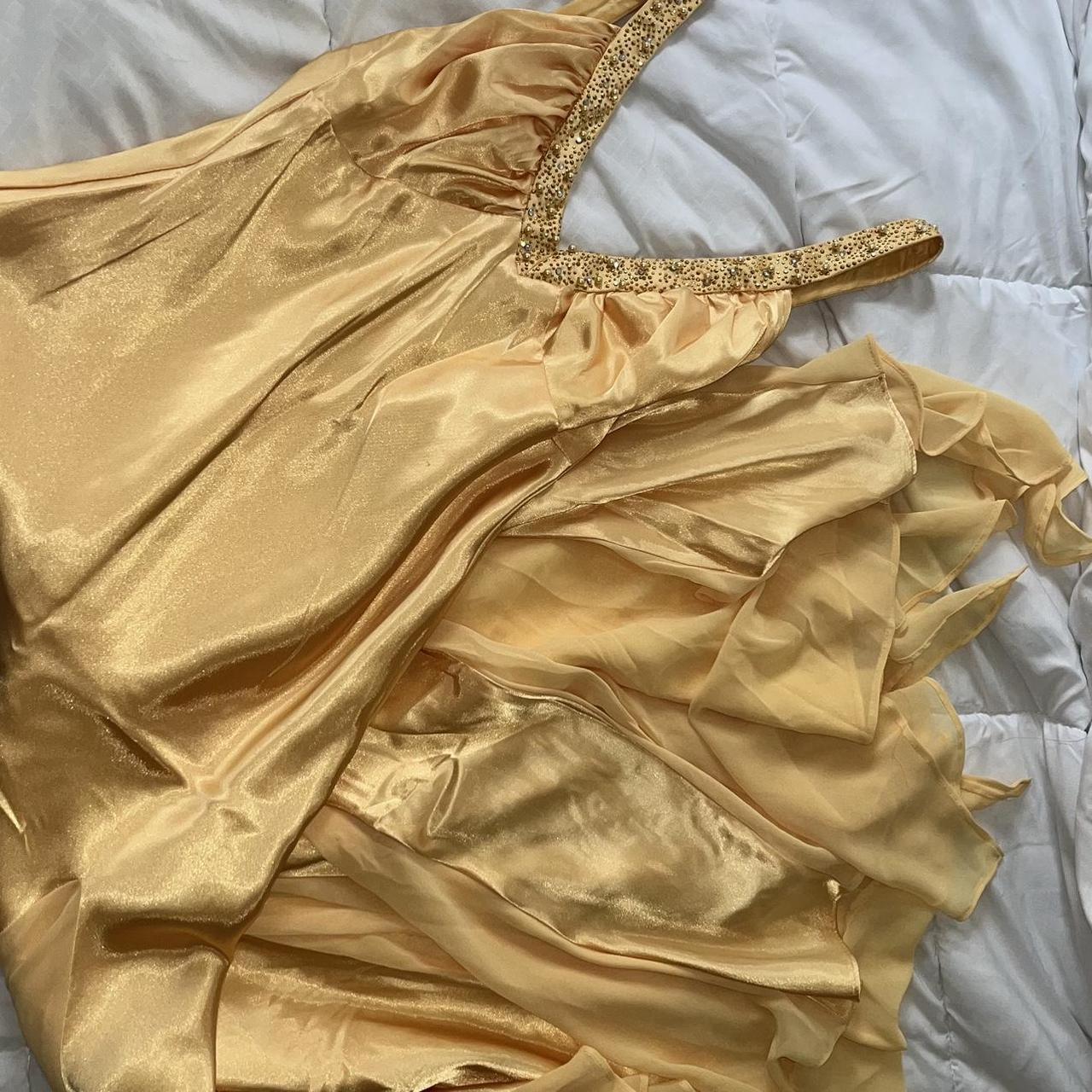 🐻90s yellow and gold dress, low back asymmetric hem... - Depop