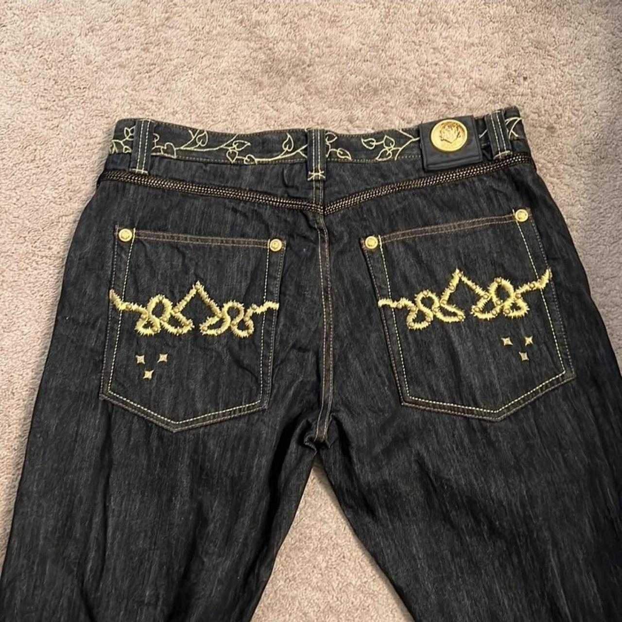 Super hard gold embroidered crown holder jeans Gold... - Depop