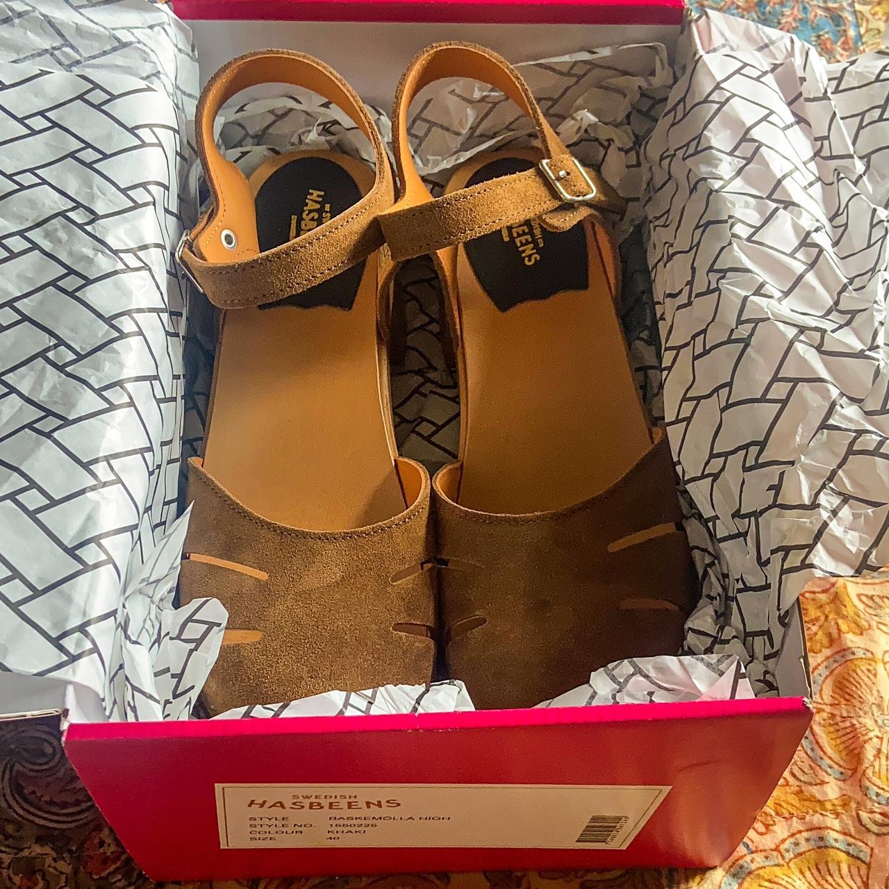 Swedish Hasbeens Women's Khaki and Brown Clogs | Depop