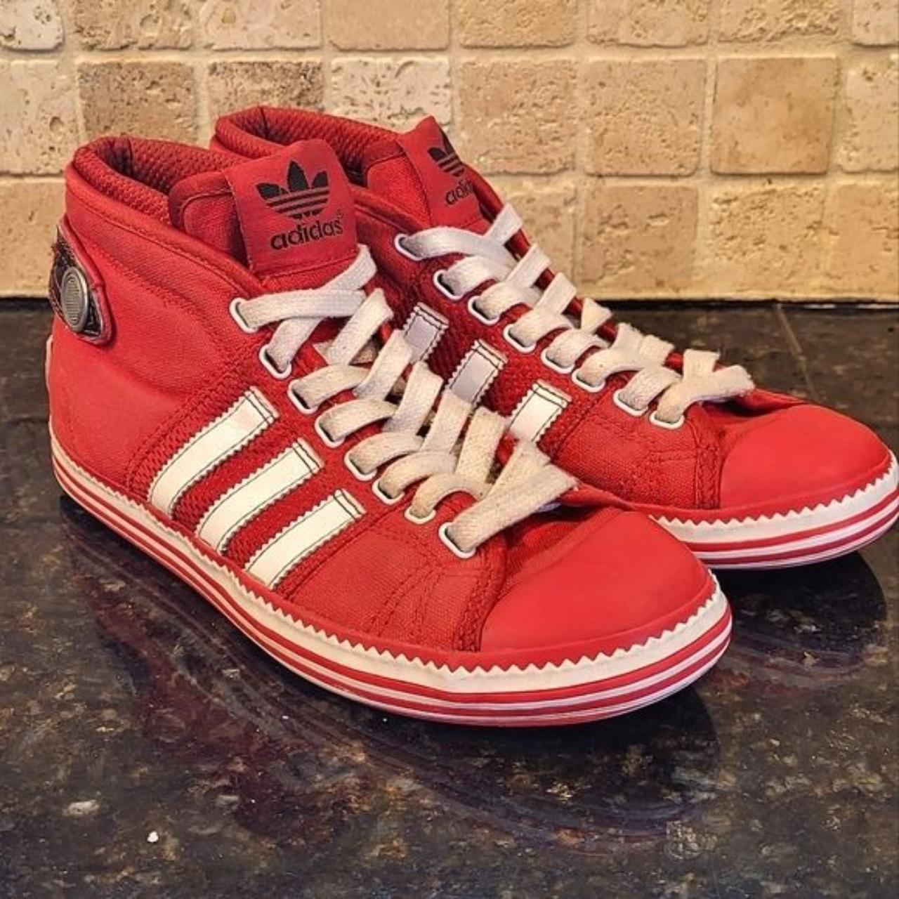 Fun vibrant pair of women's red and white Adidas... - Depop