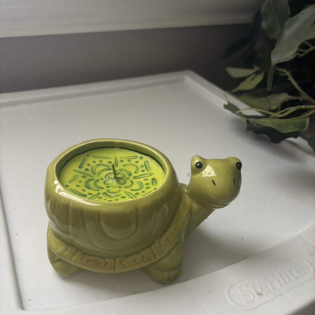 green handmade and hand painted turtle candle smells... - Depop