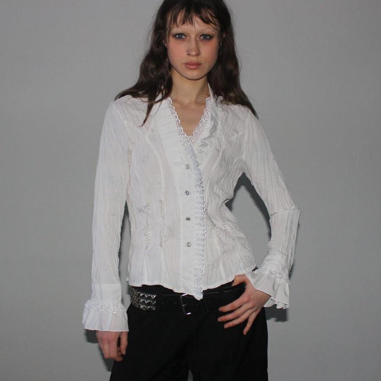 Amazing white ruffle button up blouse with lace in... - Depop