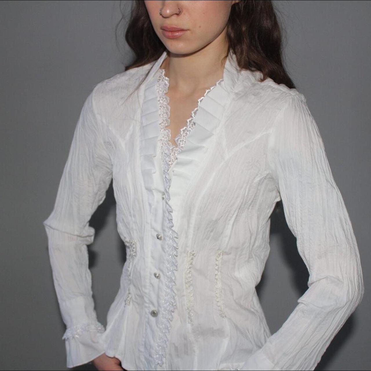 Amazing white ruffle button up blouse with lace in... - Depop