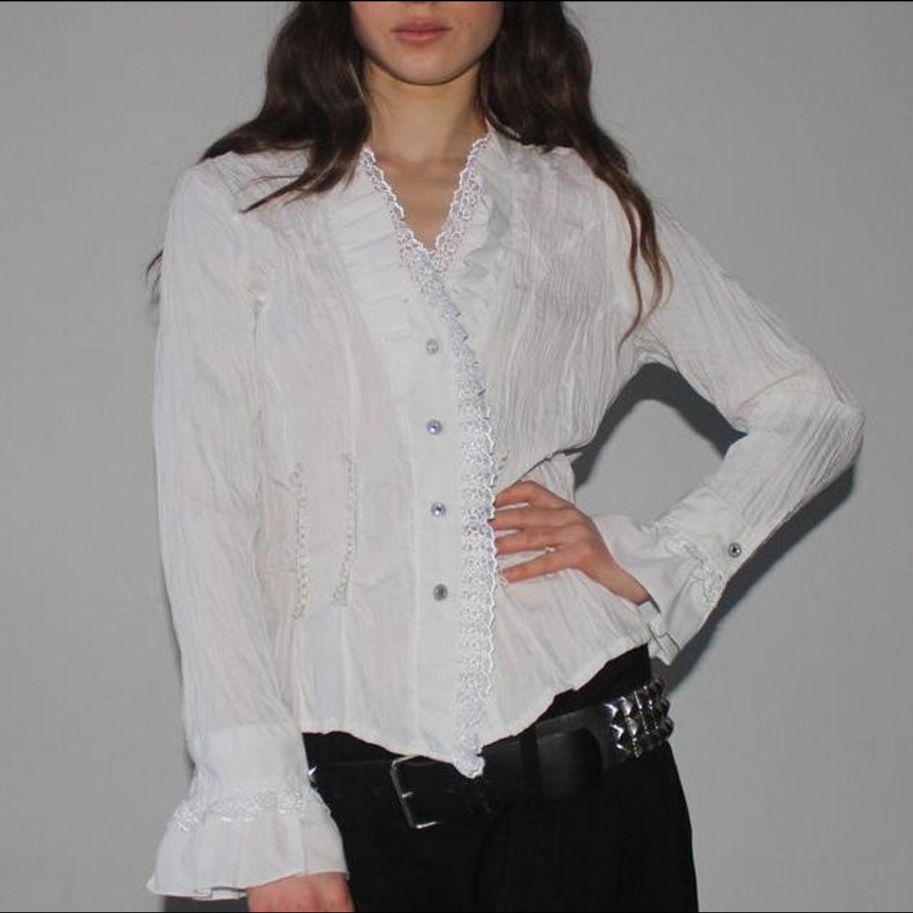 Amazing white ruffle button up blouse with lace in... - Depop