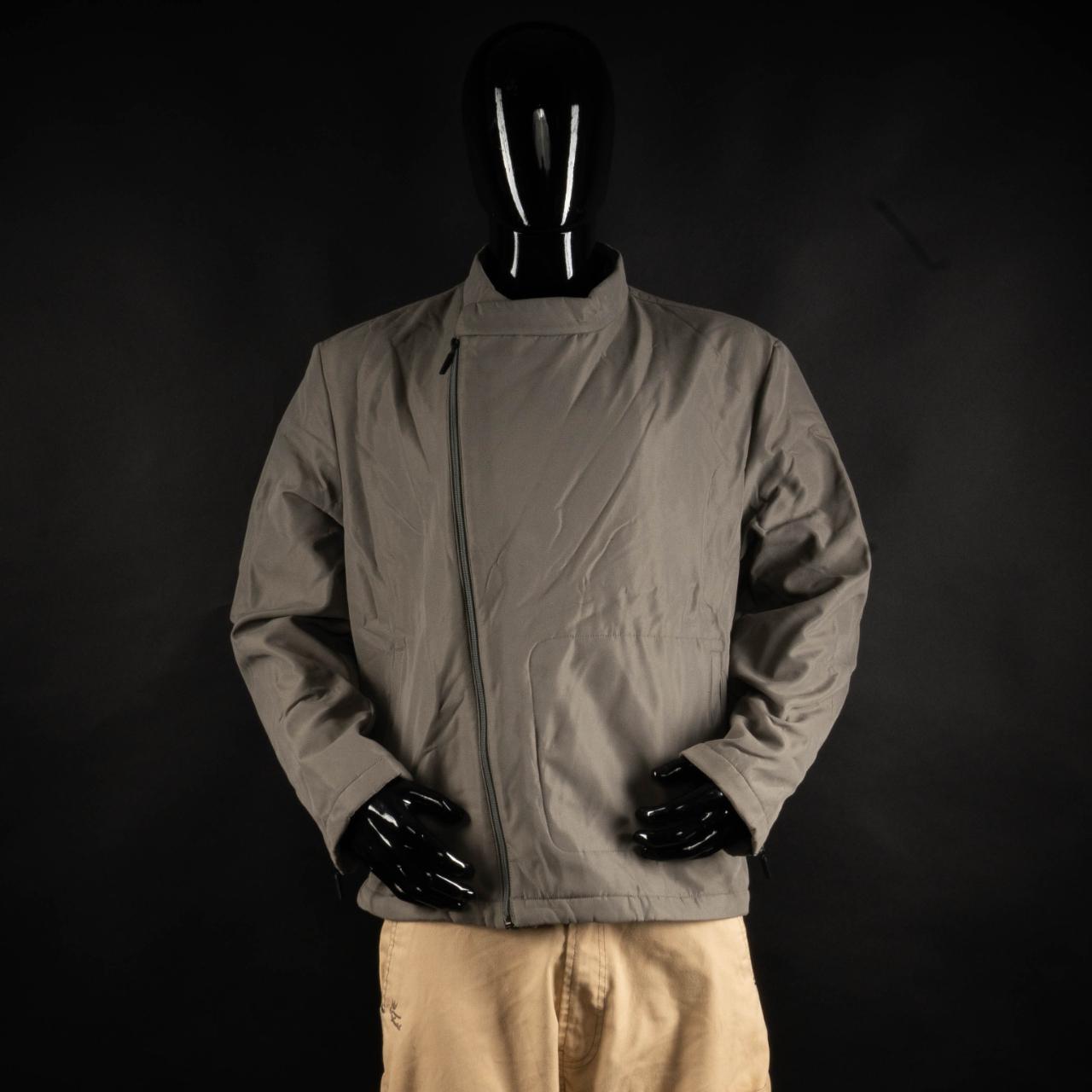 MENS GREY JACKET WITH ASYMMETRICAL ZIPPER SIZE... - Depop