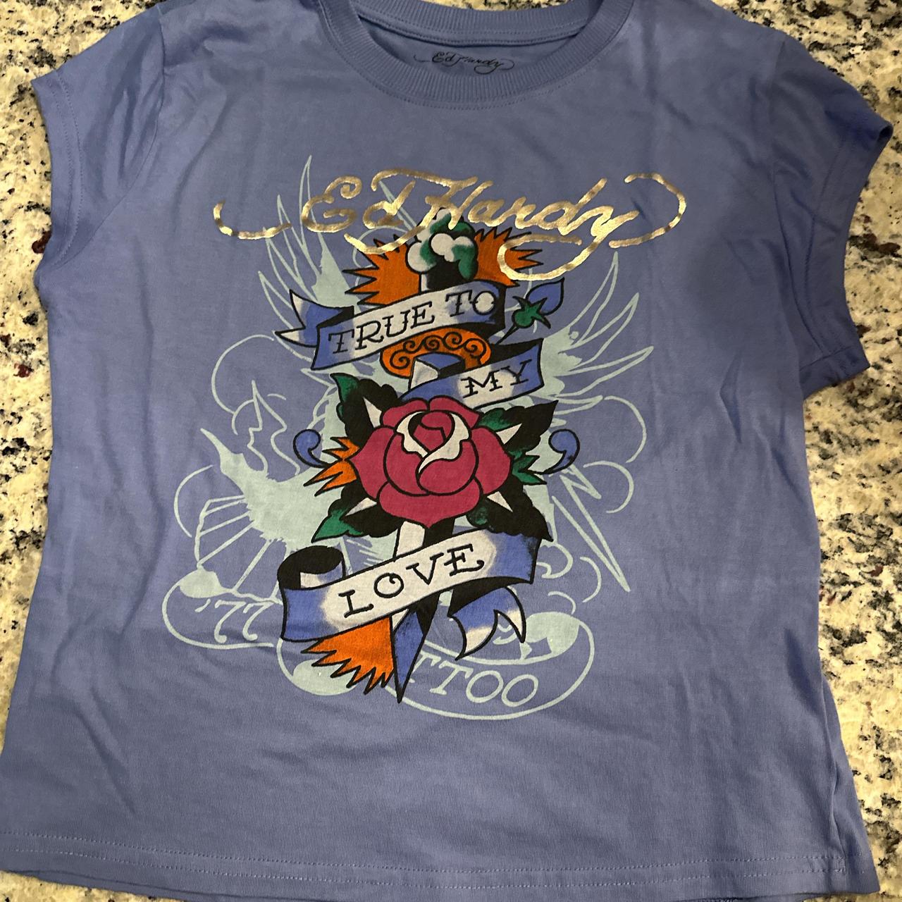 Ed Hardy blue and gold graphic baby tee #y2kfashion | Depop