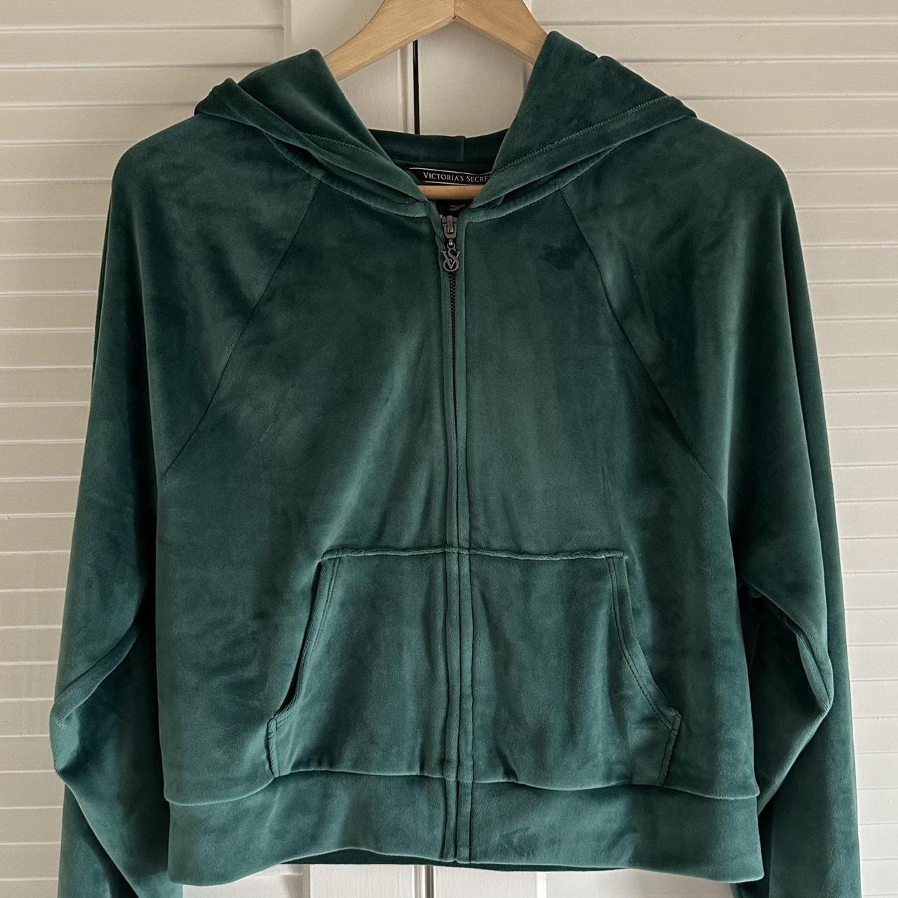 Victoria Secret green velour hoodie with VS... - Depop