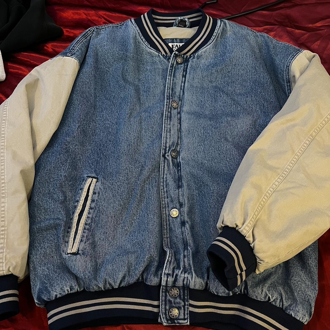 Vintage 90s Denim Varsity Jacket Size XL no flaws... - Depop