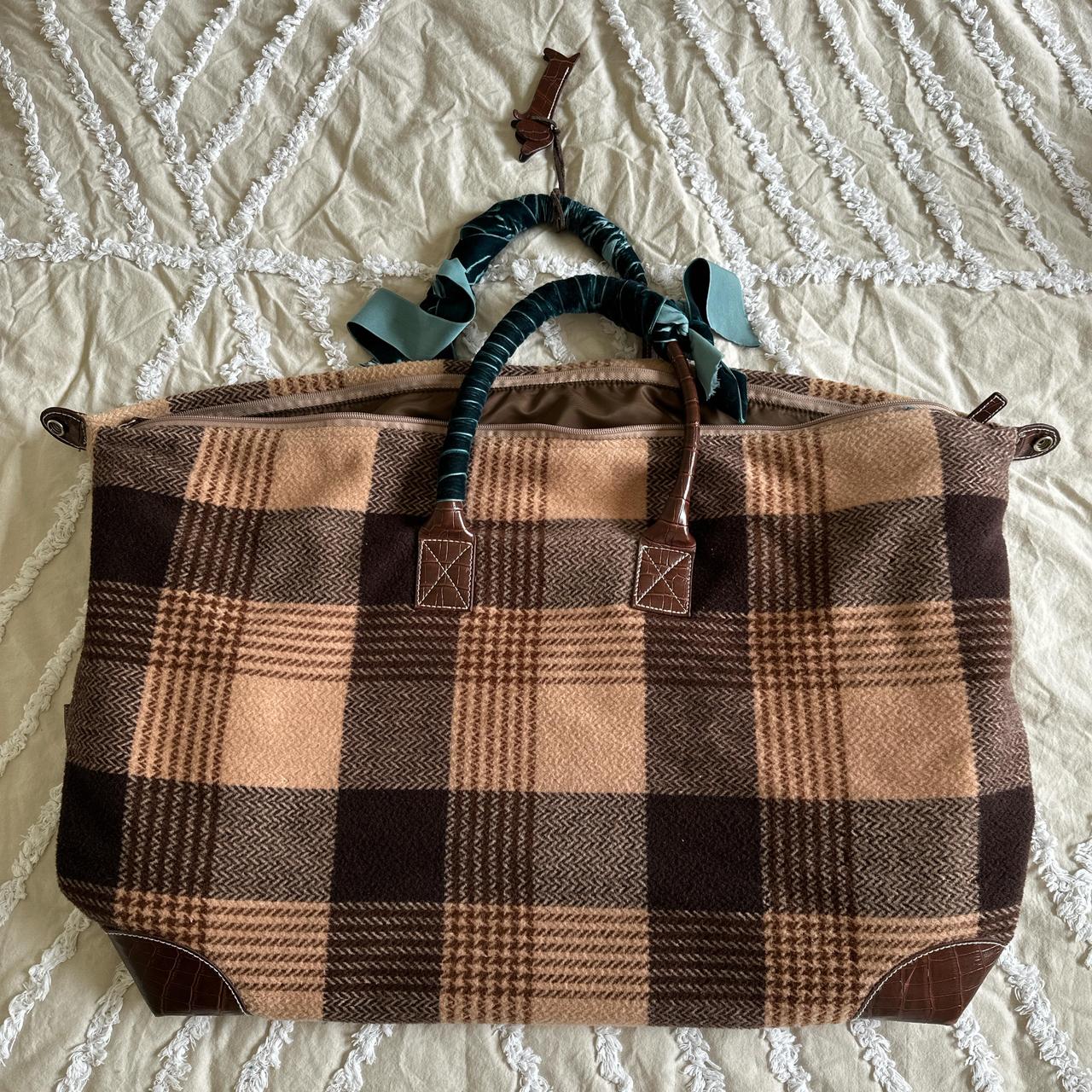 Peter Alexander - brown and tan plaid overnight bag... | Depop