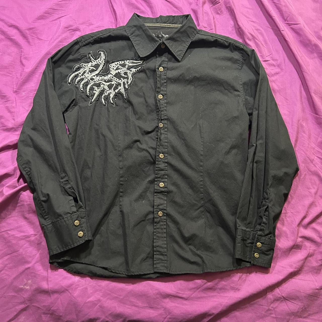 Black button up vkei goth tribal graphic Size... | Depop