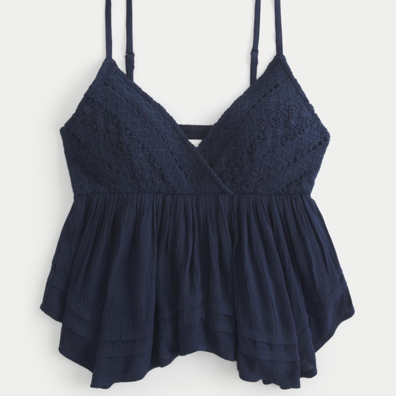 Navy blue lace flowy tank top with adjustable straps... - Depop
