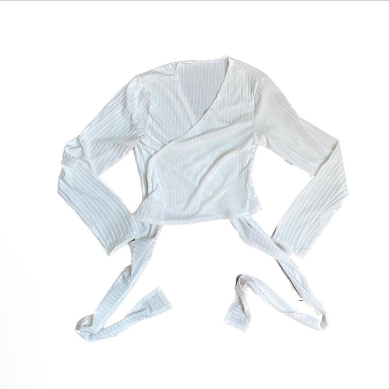 white ribbed wrap around long sleeve shirt - Depop