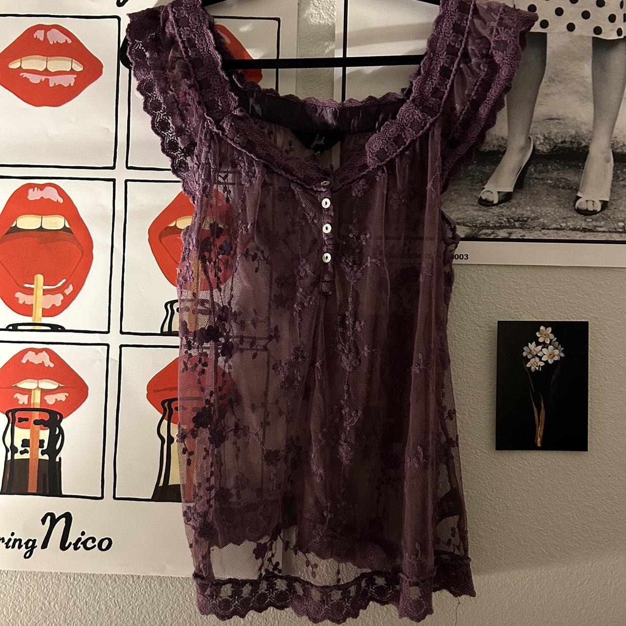 sheer purple floral lace top perfect for layering... - Depop